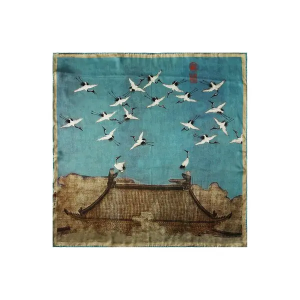 SOFT STROKES SILK Pure Silk Scarf Ink & Colour Zhao Ji Auspicious Crane Large - Green