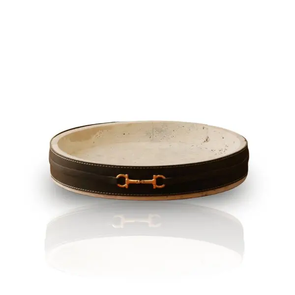 MARLETH Neutrals / Handmade Travertine Tray Beige Stone & Green Leather Belt With Gold Horsebit Detail - Brown