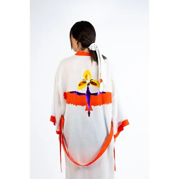 JOY-ES Patterned Long Kimono With Clasp - White/red