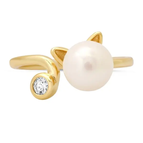 KYLIE HARPER Kitty Cat Pearl And Diamond Cz Ring - Gold