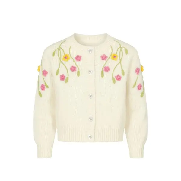 YUMI Neutrals Flower Embroidered Chunky Knit Cardigan - Beige