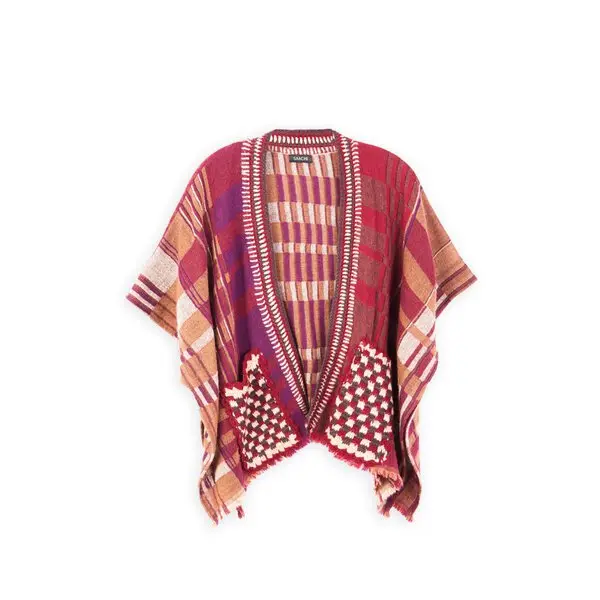 Saachi Crochet Trim Plaid Knit Poncho