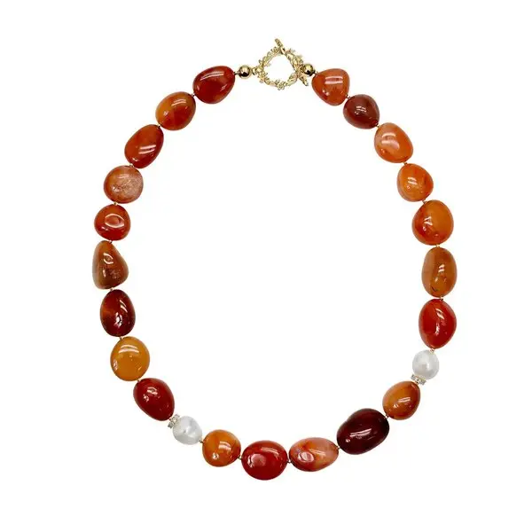 FARRA Nugget Red Agate With Freshwater Pearls Choker - Orange