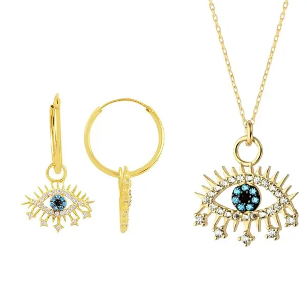 SPERO LONDON Evil Eye Earring Pendant Necklace & Earring Set - Gold