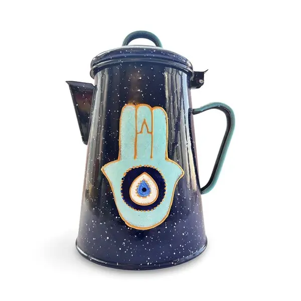 CASA DUNIYA Hand-painted Metal Hamsa Teapot - Blue