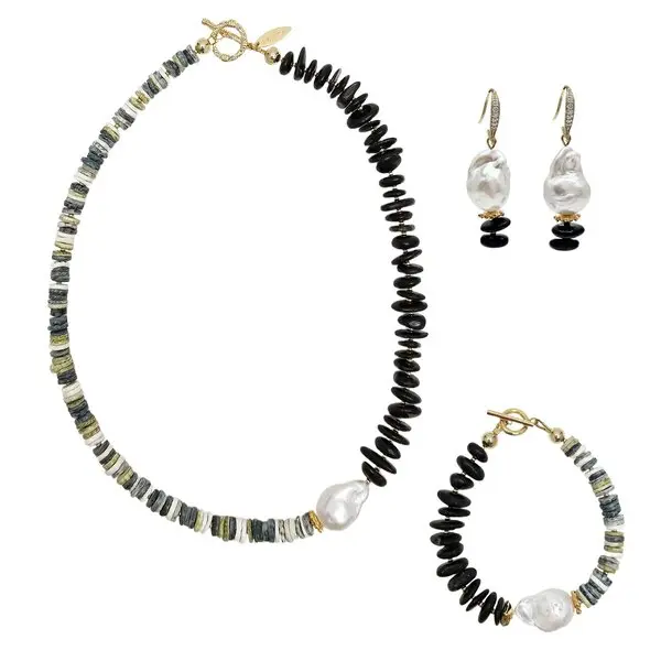 FARRA Tourmaline, Shell, And Baroque Pearl Jewelry Set - Black