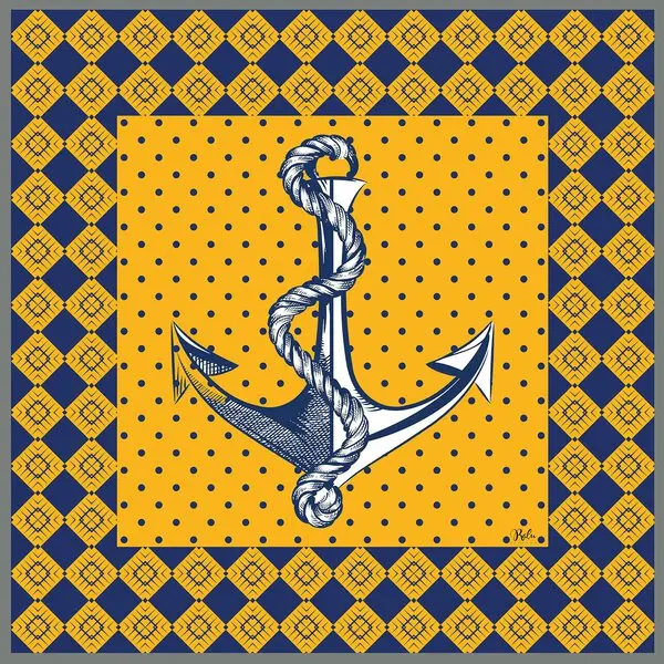 RALUFINEART Silk Pocket Square Anchors Aweigh Blue Yellow - Orange