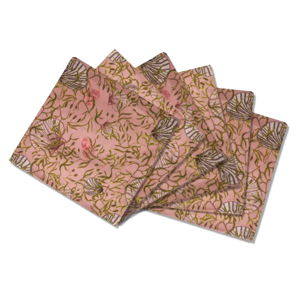 SOPHIE WILLIAMSON DESIGN Green / Pink Set Of Six Napkins With Shells And Seaweed Print On Dusty Pink Offcut Version - Green/pink
