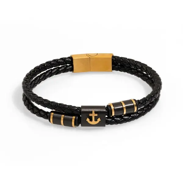 EBRU JEWELRY Anchor Design Leather Bracelet - Gold/black