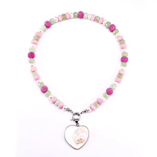 MINERALGEMS ✩ STUDIO Candy Necklace With Coral, Jade, And Pearls - Green/white/pink