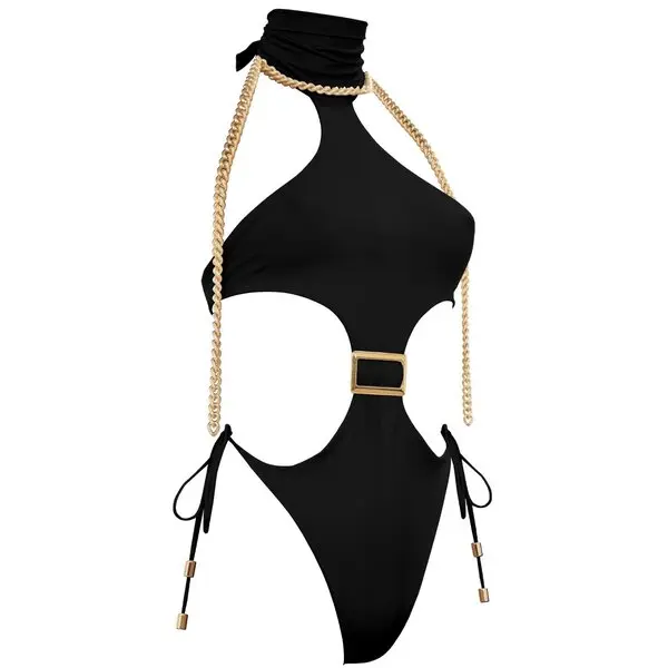 ANTONINIAS Opulent Seamless One-piece Swimsuit With Golden Chain Detail - Black