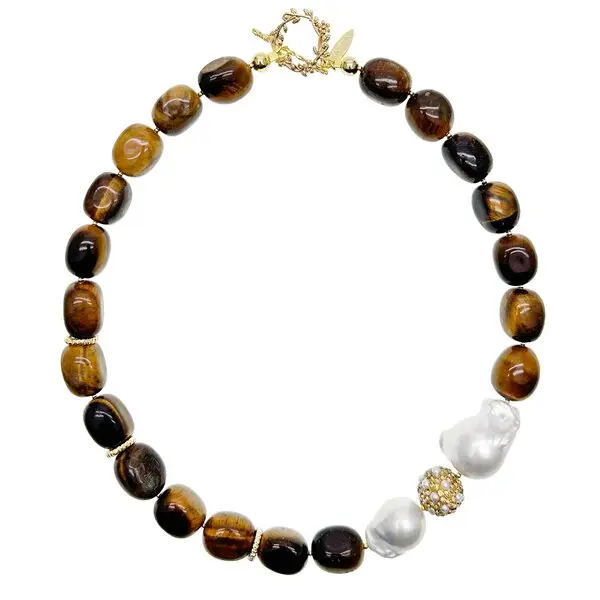 FARRA Tiger Eye And Baroque Pearl Necklace - Brown