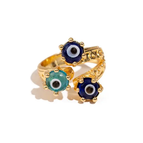 EBRU JEWELRY Evil Eye Adjustable Ring - Gold/blue