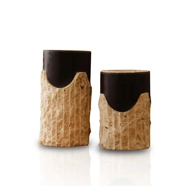 MARLETH Black / Brown Set Of Two Handmade Travertine Vases & Leather Wrap Detail - Black/brown