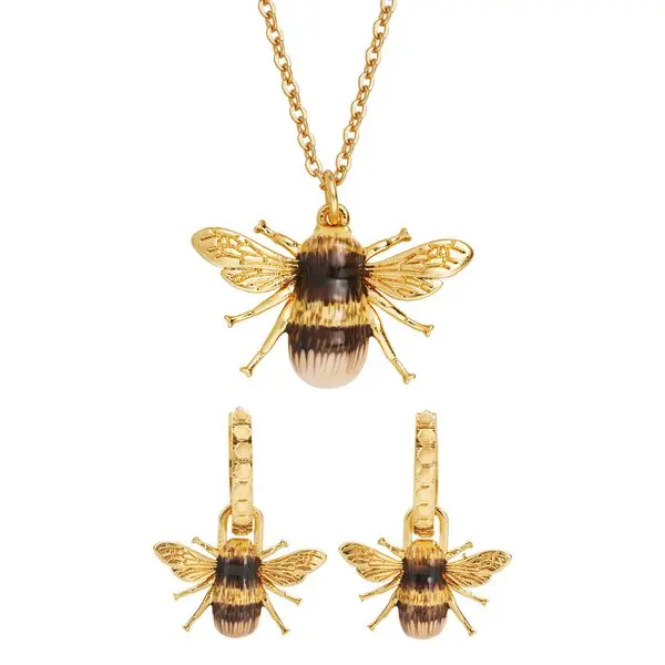 FABLE ENGLAND Honey Bee Necklace & Stud Earrings Set - Gold/black