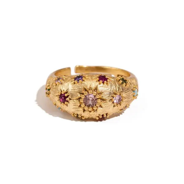 EBRU JEWELRY Golden Sunburst Multi Gemstone Adjustable Ring - Gold/pink/red