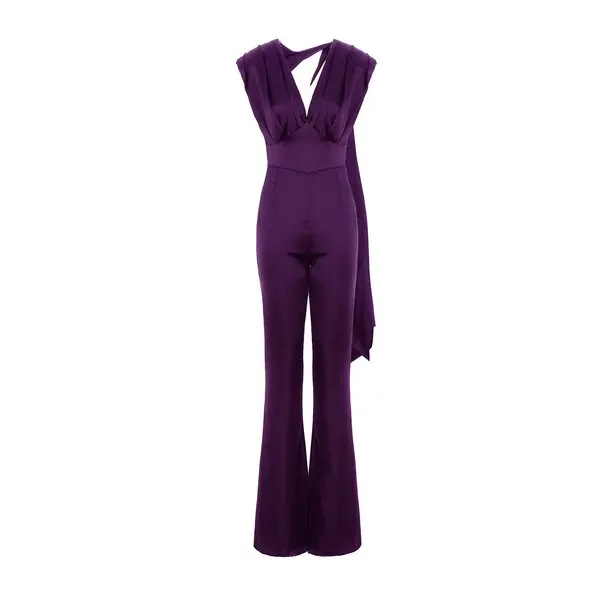 BLUZAT Draped Jumpsuit With Flared Leg - Purple