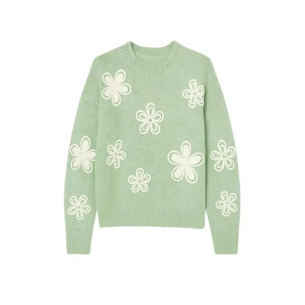YUMI Relaxed Knitted Jumper With Crochet Flowers - Green