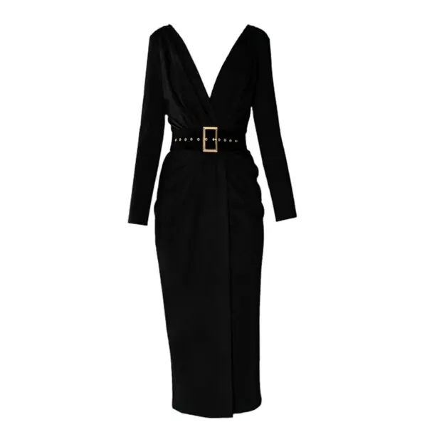 ALINA CERNATESCU Midi Office Dress With Drapery And Textile Belt - Black