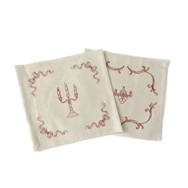 H2 STUDIO Neutrals / Elegant Vintage-inspired Embroidered Tea Towel Set Candelabra & Bow & Vine Design Two Piece Set Medium Cream Beige - Red