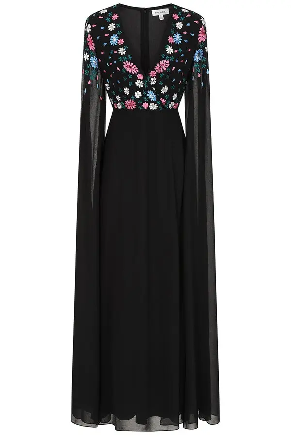 FROCK AND FRILL Floral Embroidered Cape Sleeve Maxi Gown - Black