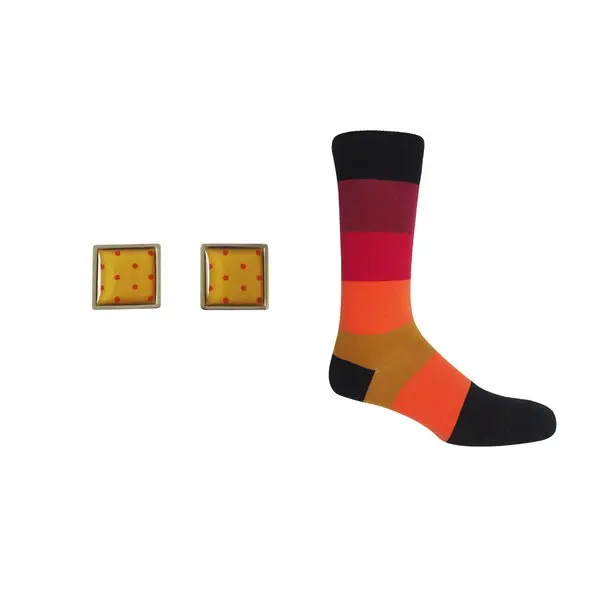 PEPER HAROW - MADE IN ENGLAND Groom's Set Block Stripe Volcano Socks & Honey Cufflink - Orange