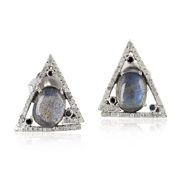 ARTISAN Labradorite, Diamond & Spinel Triangle Stud Earrings In Silver & 18k White Gold - Grey/black/white