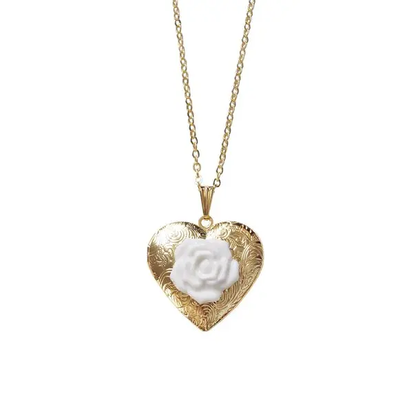 POPORCELAIN Classic Heart Locket With Porcelain Rose Pendant Necklace - Gold