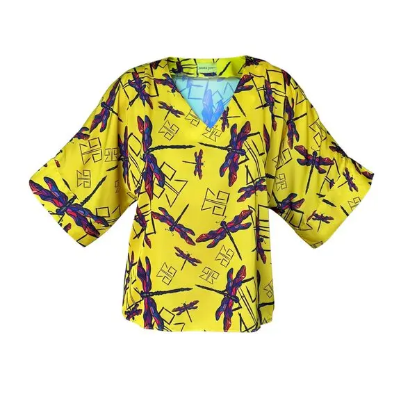 JANARA JONES Dragonfly Print Oversized Satin Top