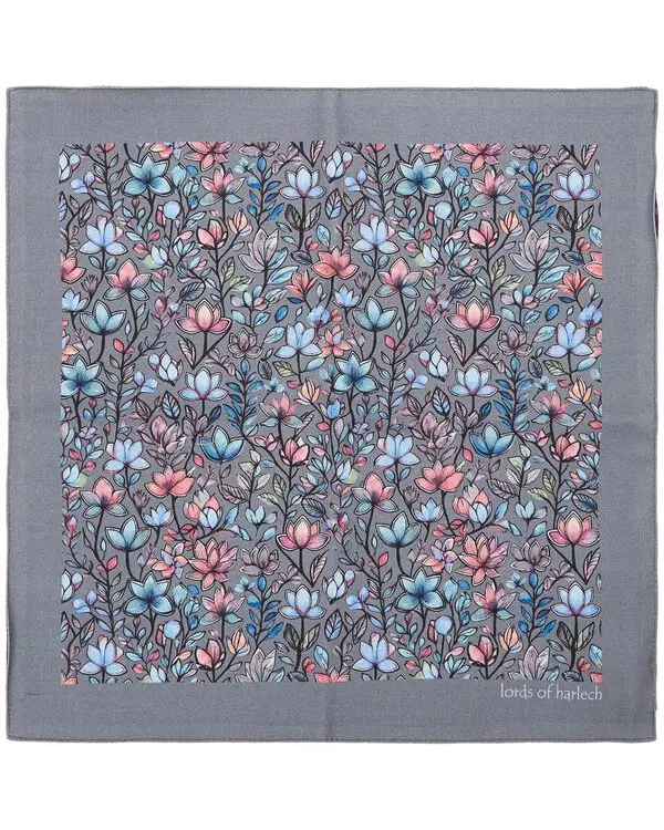 LORDS OF HARLECH Hudson Mystic Floral Merino Handkerchief Pocket Square - Grey