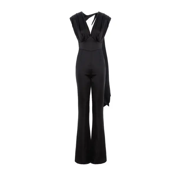 BLUZAT Draped Satin Jumpsuit - Black