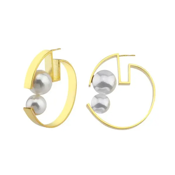 LINYA JEWELLERY Geometric Hoop Pearl Earrings - Gold