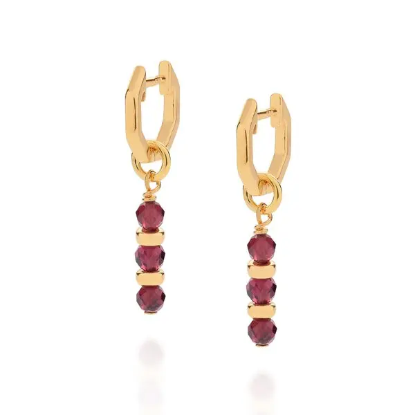 NELLOU JEWELLERY Linear Huggie Earrings With Garnet Gemstones - Red/gold
