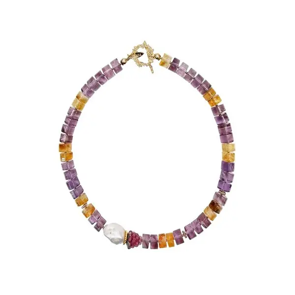 FARRA Citrine, Amethyst & Pearl Necklace - Yellow
