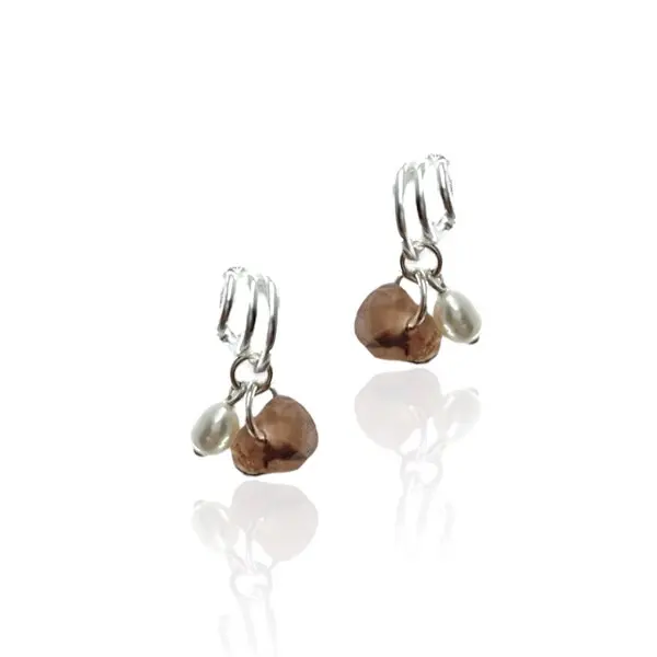 BIO-TRIMMINGS Silver Hoop Earrings With Pearl And Bio-gem Pendants - Silver/brown