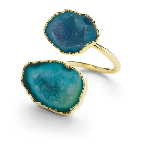 YAA YAA LONDON Blue / Green Agate Crystal Adjustable Gold Ring - Blue/green