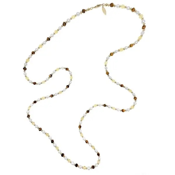 FARRA Tiger-eye, Citrine And Pearl Long Necklace - Brown