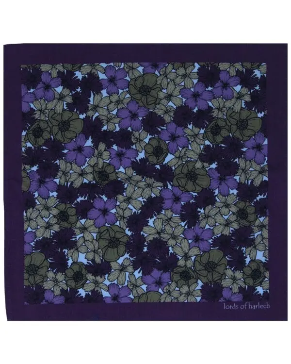 LORDS OF HARLECH Hudson Dense Floral Merino Handkerchief Pocket Square Olive - Green