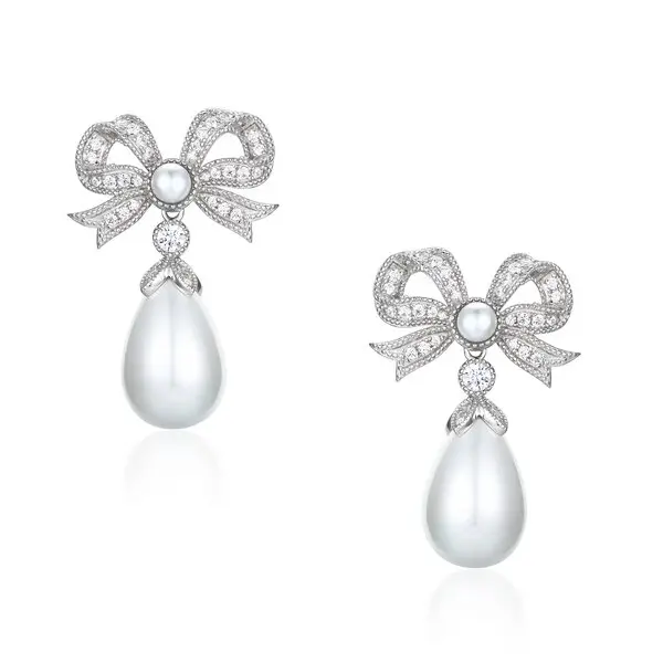 SANTINNI Queen Bow & Pearl Drop Earrings - Silver