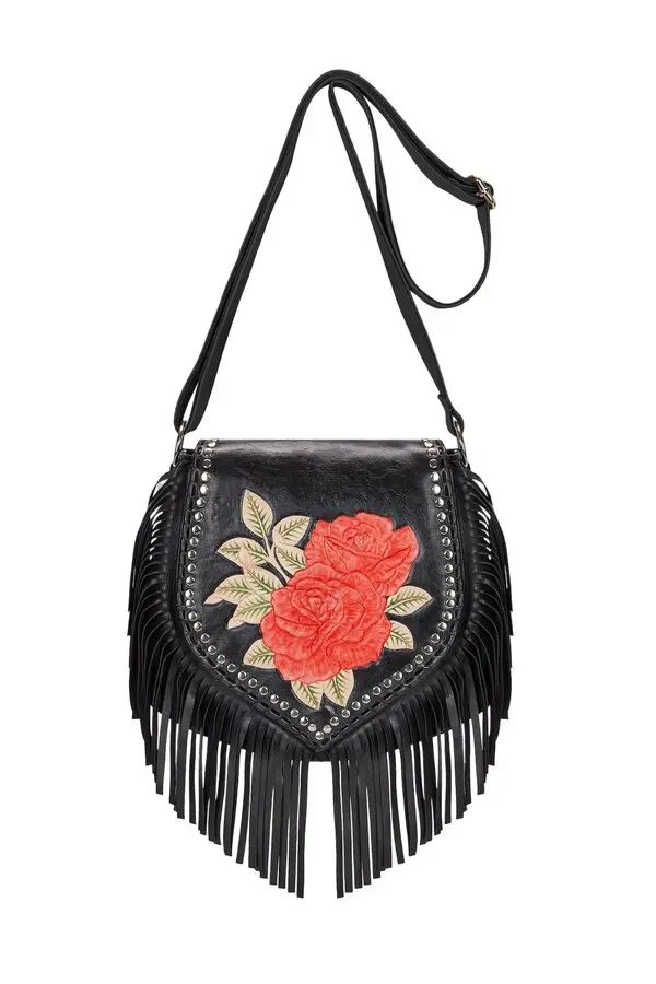 JODI LEE Akaroa Bag With Rose Embellishment And Fringe - Black