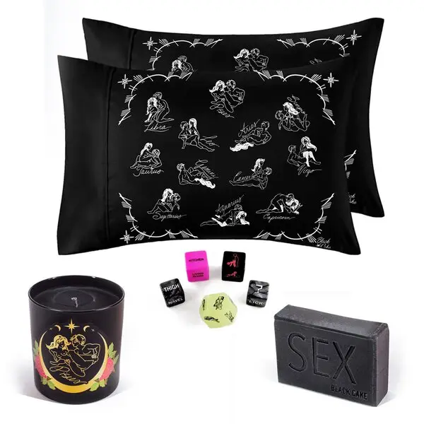 BLACK CAKE Pisces Pleasure Pack- Zodiac Horoscope Love Pillowcase, Soap, Dice, Candle Set - Black