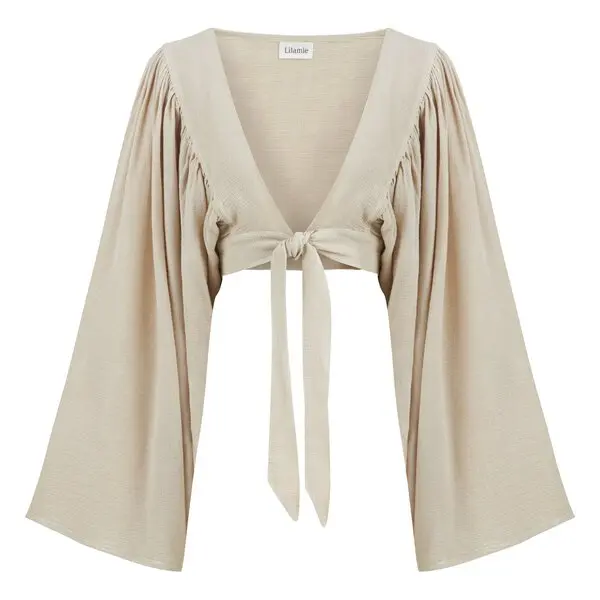 LILAMIE Long Sleeve Cross Beach Bustier Top - Beige