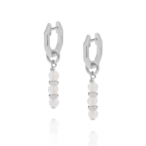 NELLOU JEWELLERY Linear Huggie Earrings With Rainbow Moonstone - Silver