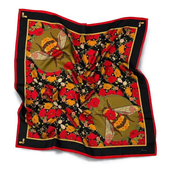 Henelle Black / Gold / Red Night Bloom Queen Bee Silk Scarf - Black/gold/red