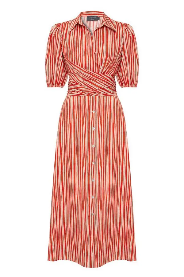 EXQUISE Striped Tie-waist Shirt Dress - Red