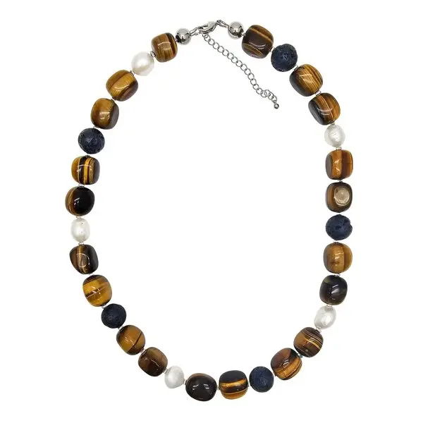 FARRA Nugget Tiger-eye Stone, Lava Stone, And Freshwater Pearls Necklace - Brown