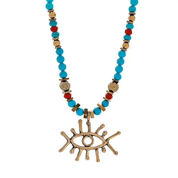 EBRU JEWELRY Gold Vermeil Guardian Evil Eye Pendant Turquoise Beaded Necklace - Gold/blue/red