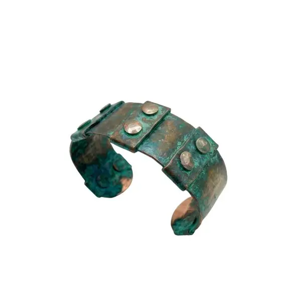 ANATOLIACRAFT Riveted Copper Cuff Bracelet With Patina - Green/brown