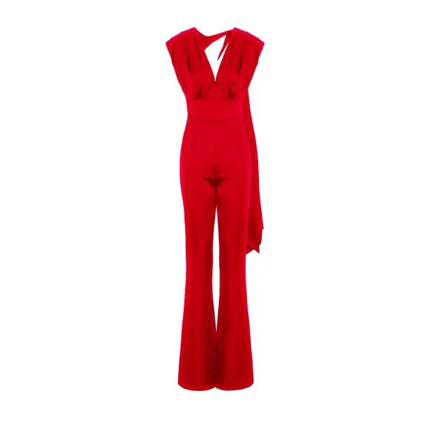 BLUZAT Draped Wide-leg Jumpsuit - Red