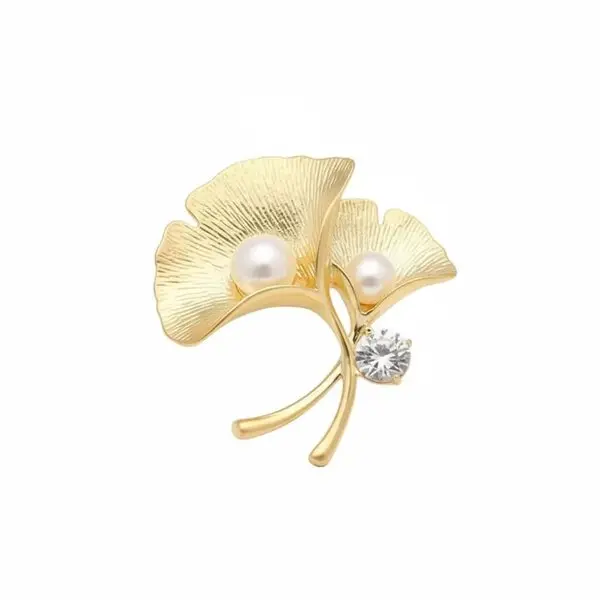ANGEL BAROCCO Ginkgo Leaf Pearl Brooch - Gold